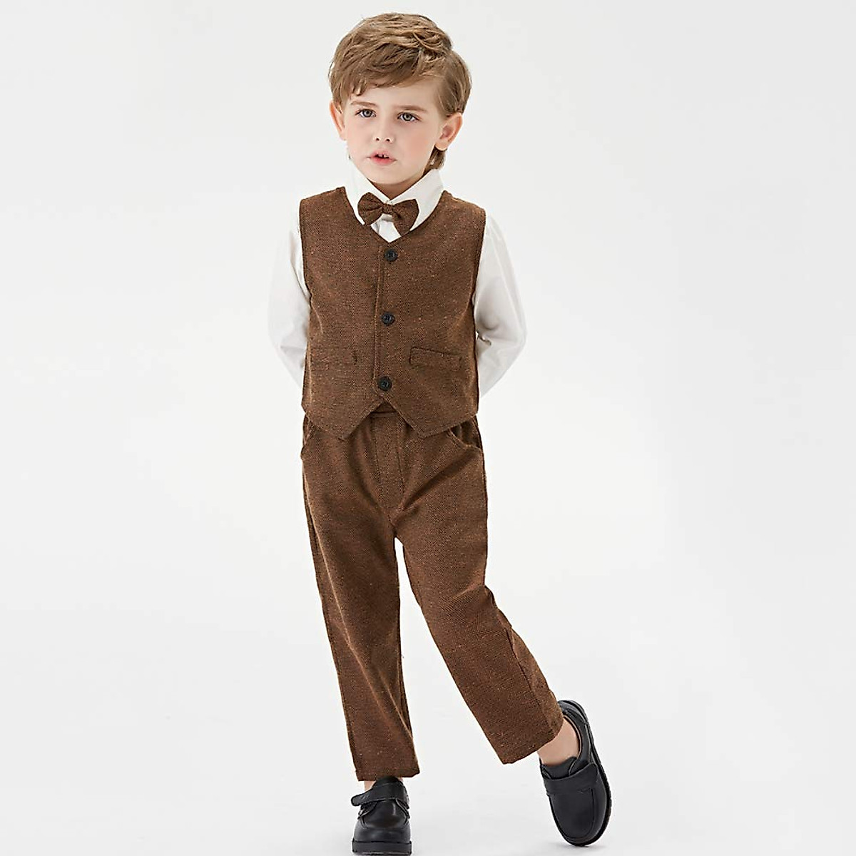 Toddler Boys Formal Suits Kids Classic Fit Dresswear Suit Vest Set Outfit(Brown, 90/18-24 Months)
