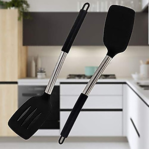 Silicone Spatula Heat Resistant Silicone Handle 2-Piece Set Black Slotted Turner Flexible Silicone Spatula Nonstick Turner Set for Fried Egg, Barbecue, Hamburg
