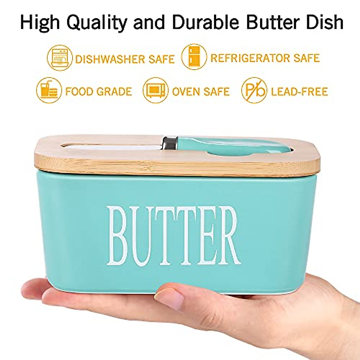 Ceramic Butter Dish with Wooden Lid, Lxmons Large Butter Container Keeper Storage with Stainless Steel Butter Knife Spreader, Bamboo Cover and Silicone Sealing Ring for West East Coast Butter, Green