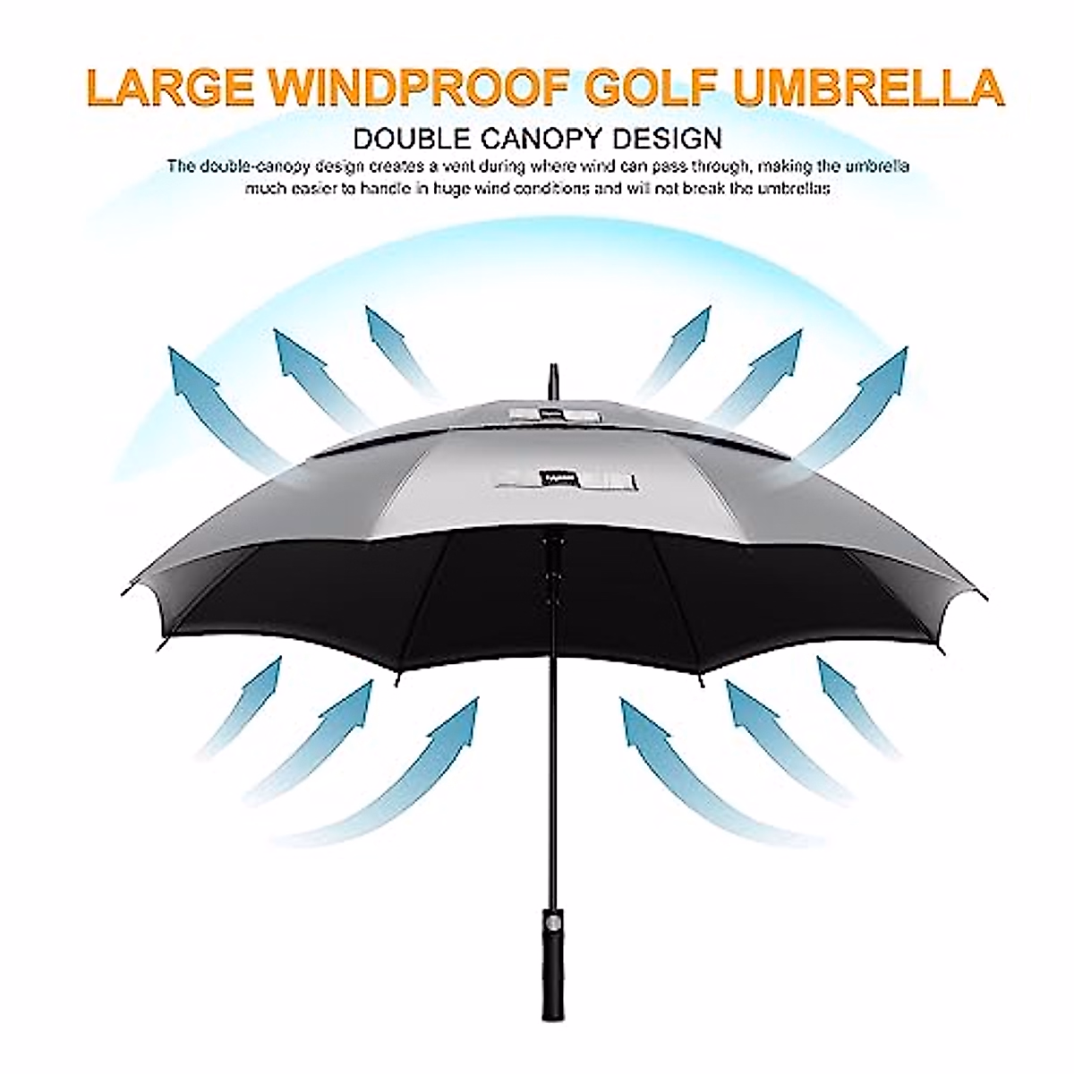 Fulynmen 62Inch UPF50+ Uv Umbrella Uv Blocker Large Golf Umbrella, Auto Open Extra Large Sun Umbrella Uv Protection Double Canopy Vented Windproof Waterproof Rain Umbrella Silver/Black