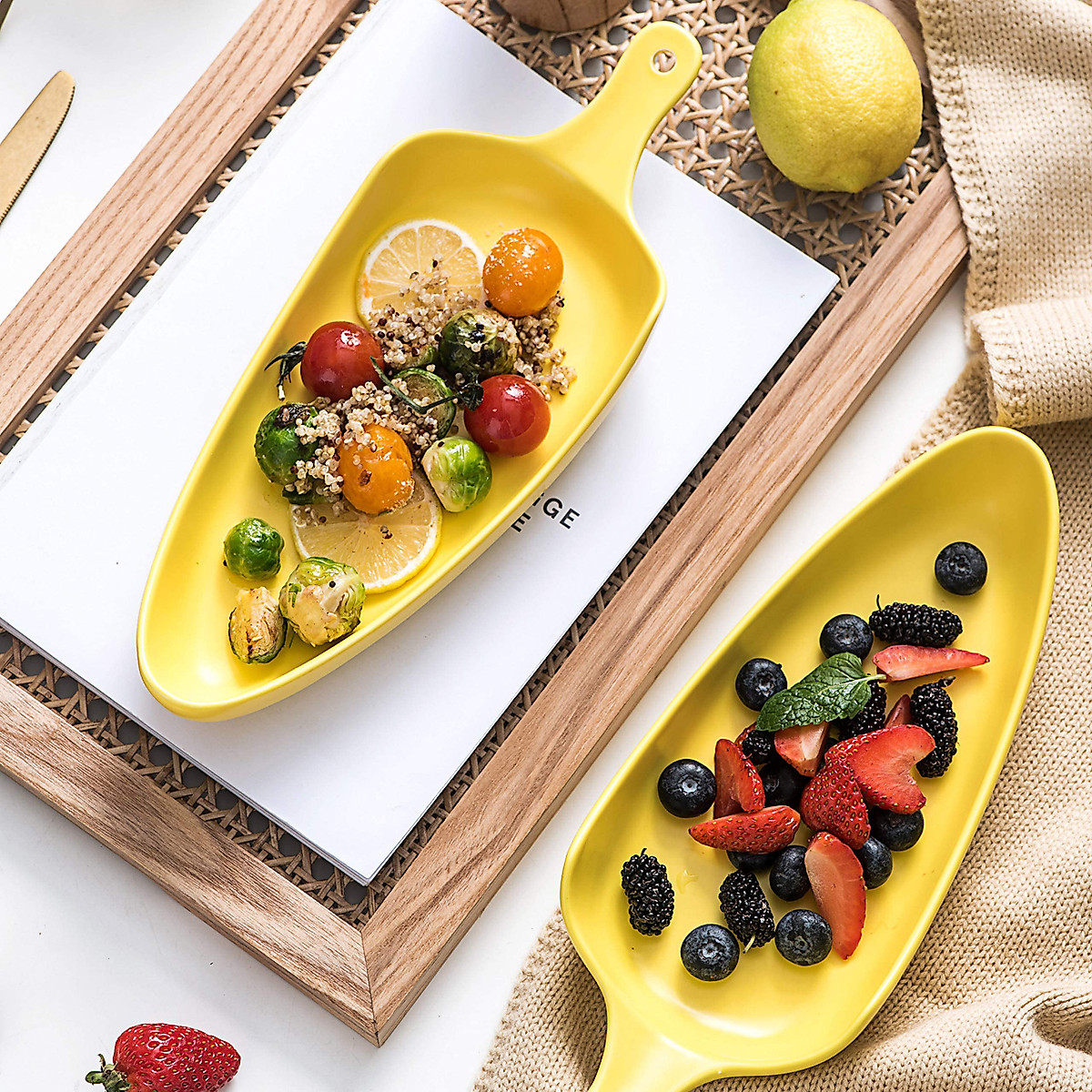 Bruntmor Pre-Seasoned 5" Matte Ceramic Cast iron Skillet Look Serving dessert Appetizer Plates, Dishwasher and Oven Safe, Dinner Set of Skillet - Set of 4 (Yellow)