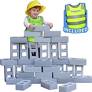 Playlearn 40pc Foam Cinder Blocks for Kids - Children’s Reflective Vest and Storage Bag Included - Actual Brick Size- Lightweight, Soft Building Blocks - Fake Brick Blocks