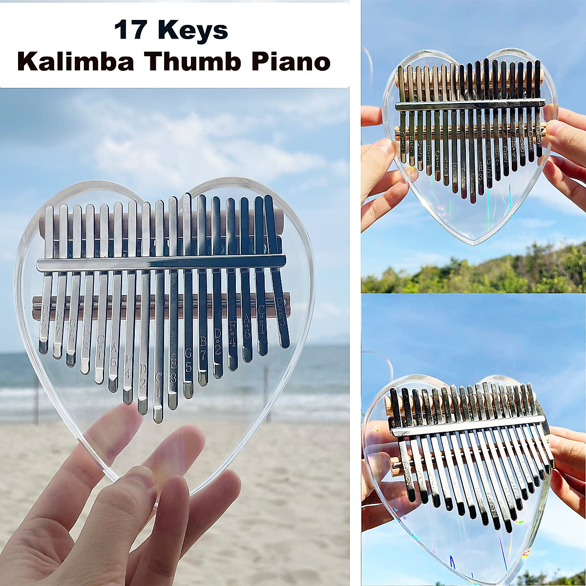 Kalimba Thumb Piano 17 Keys, Clear Finger Piano Kalimba with Tune Hammer and Study Instruction for Gift Kids Adult Beginners Professional