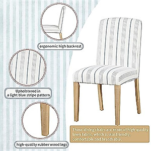 Merax Round Dining Room Table and Chairs Set of 4 Farmhouse Rustic Round Dining Table Set 5 Piece Wood Kitchen Table and 4 Upholstered Chairs with Striped Fabric for Dining Room