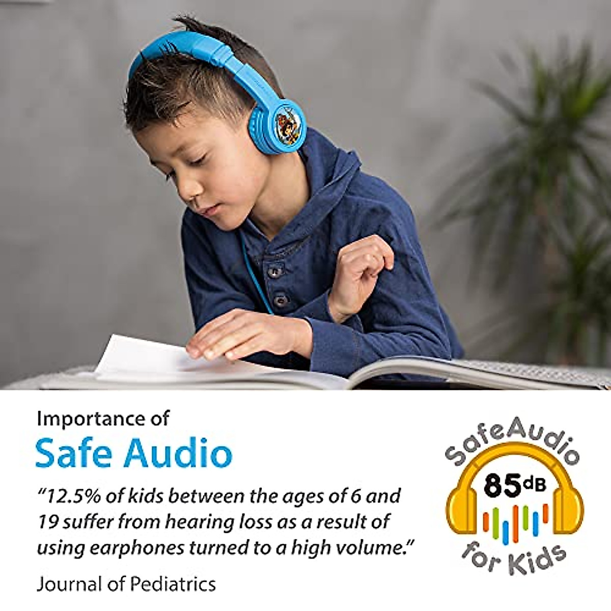 ONANOFF BuddyPhones Explore+, Volume-Limiting Kids Headphones, Foldable and Durable, Built-in Audio Sharing Cable with in-Line Mic, Best for Kindle, iPad, iPhone and Android Devices, Cool Blue
