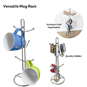 Evelots Countertop Coffee Mug/Teacup Organizer Stand/Rack/Tree-Hooks Hold 6 Large Mugs-Modern Chrome Finish-Coffee Bar Accessory