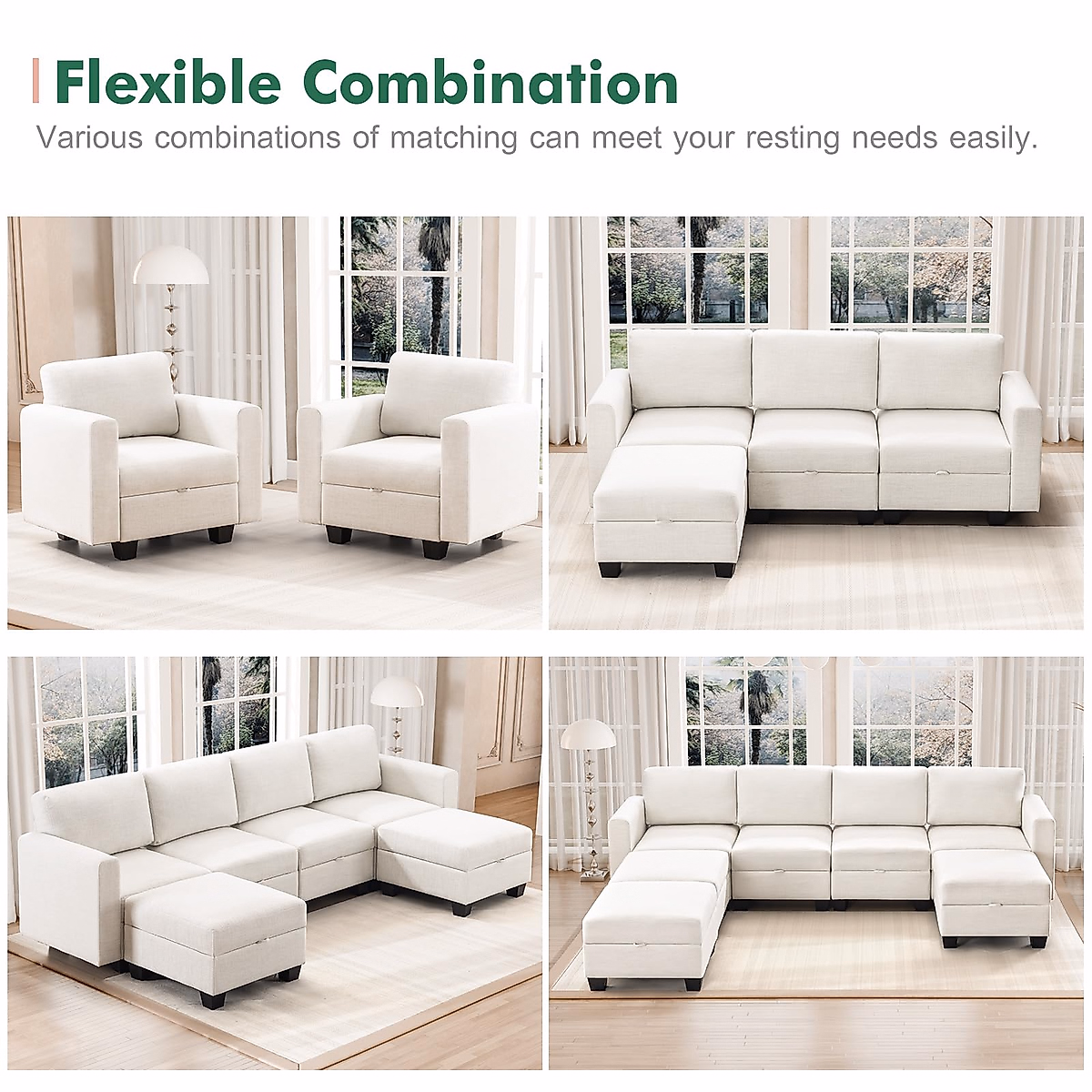 WACASA Convertible Sectional Sofa Couch with Storage, 3 Seat Sofa Modern Linen Fabric Upholstered L-Shaped Couch with 91.5'' Wide Seat, Comfy Sofa Sleeper Couches for Living Room Bedroom, Ivory