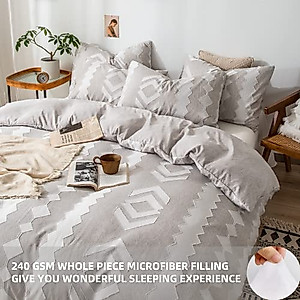 PERFEMET 3-Pieces Boho Tufted Shabby Comforter Set King Size Farmhouse Country Style Geometric Bedding Set for Girls Adult Embroidery Jacquard Ultra Soft Neutral Quilt/Bedspread Set (Light-Gray,King)