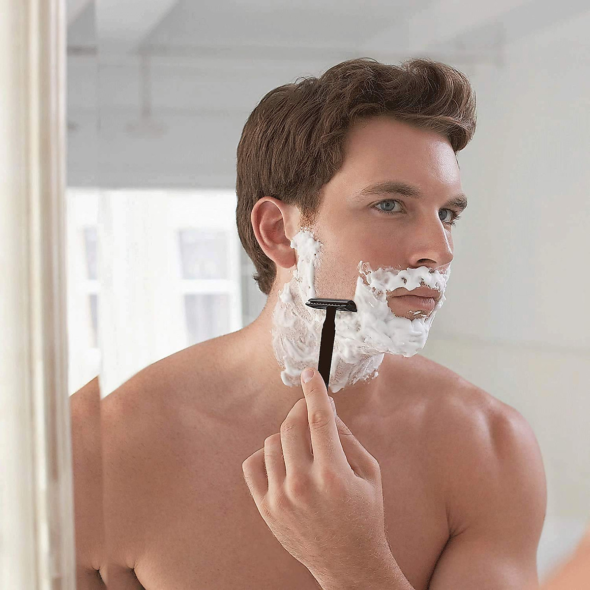 Krisp Beauty Stainless Steel Long Handle Black Safety Razor for Men - Double Edge Razor - Fits All Double Edge Razor Blades - Comes With 5 Shaving Blades