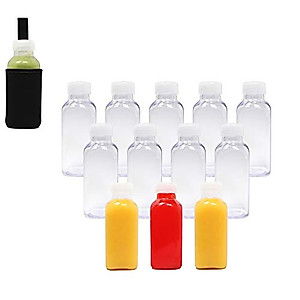 Dishwasher Safe Plastic Juice Bottles with Lids, Free Insulated Bottle Holder, Hot or Cold Drinks, 12pcs 16oz Empty Clear BPA Free Reusable Containers with Caps for Smoothies, Milk and Other Beverages