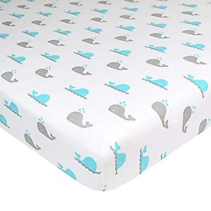 TL Care Fitted Mini Crib Sheet 24" x 38", Soft Breathable Neutral 100% Cotton Jersey Portable Sheet, Aqua Whale, for Boys and Girls, Fits Most Pack N Play and Mini Crib Mattresses