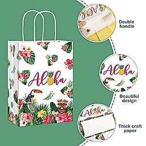 16 Pack Hawaiian Gift Bag Luau Party Bags Summer Tropical Paper Bag with Handle Luau Treat Bag Palm Leaf Candy Bag for Summer Tropical Aloha Festival Hawaiian Luau Holiday Party Supplies Favor (White)