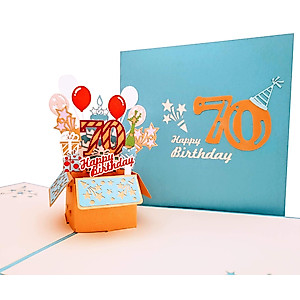 iGifts And Cards Happy 70th Blue Birthday Party Box 3D Pop Up Greeting Card – Seventy, Awesome, Balloons, Unique, Celebration, Feliz Cumpleaños, Fun, Festive