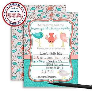 A Little Birdie Told Me Themed Birthday Party Celebration Invitations, 20 5x7 Fill In Cards with Twenty White Envelopes by AmandaCreation