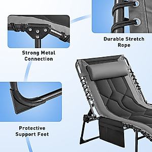 Flamaker Folding Chaise Lounge Outdoor Portable Lounge Chairs 4-Position Adjustable Camping Lounge Chair with Pillow & Side Bag Lightweight Recliner Sunbathing Chair for Pool Beach Deck (Grey)