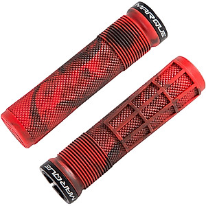 MARQUE Race Mountain Bike Handlebar Grips – Single Lock-On Ring Collar MTB and BMX Bicycle Handle Bar with Non-Slip Grip, Knurly Gritty Pattern and Half Waffle Pattern (Flame Red)