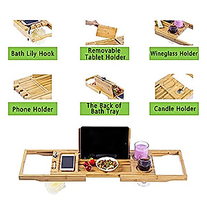 Utoplike Bamboo Bathtub Caddy Tray Bath Tray for Tub, Adjustable Bathroom Bathtub Organizer with Book Tablet Wine Glass Cup Towel Holder,Distinctive Gift (24.5"-37.4")
