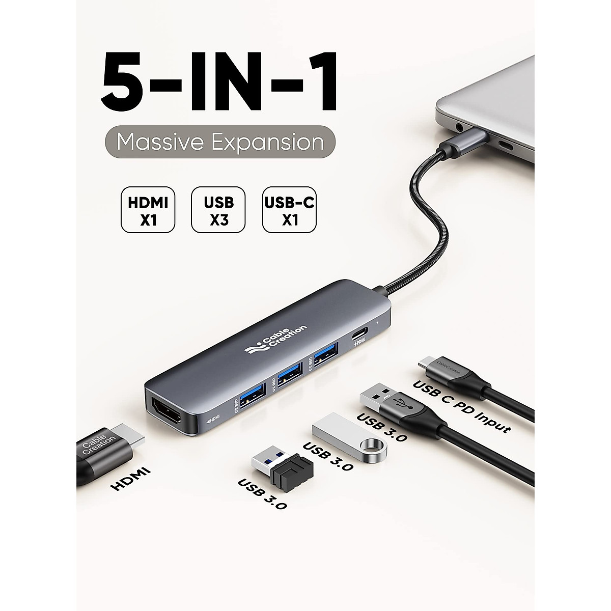 USB C Hub, CableCreation 5-in-1 USB C to HDMI Multiport Adapter, 100W PD, 3 USB 3.0 Ports for MacBook Pro, MacBook Air M1/M2, iPad Pro, Surface Pro, XPS