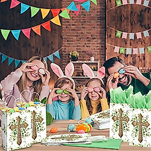 16 Pack Easter Gift Bags with Tissue Handles Easter Goodie Bag Easter Paper Tote Bag He Is Risen Cross Sign Easter Party Treat Bags for Egg Hunts Candy Treat Gifts Supplies