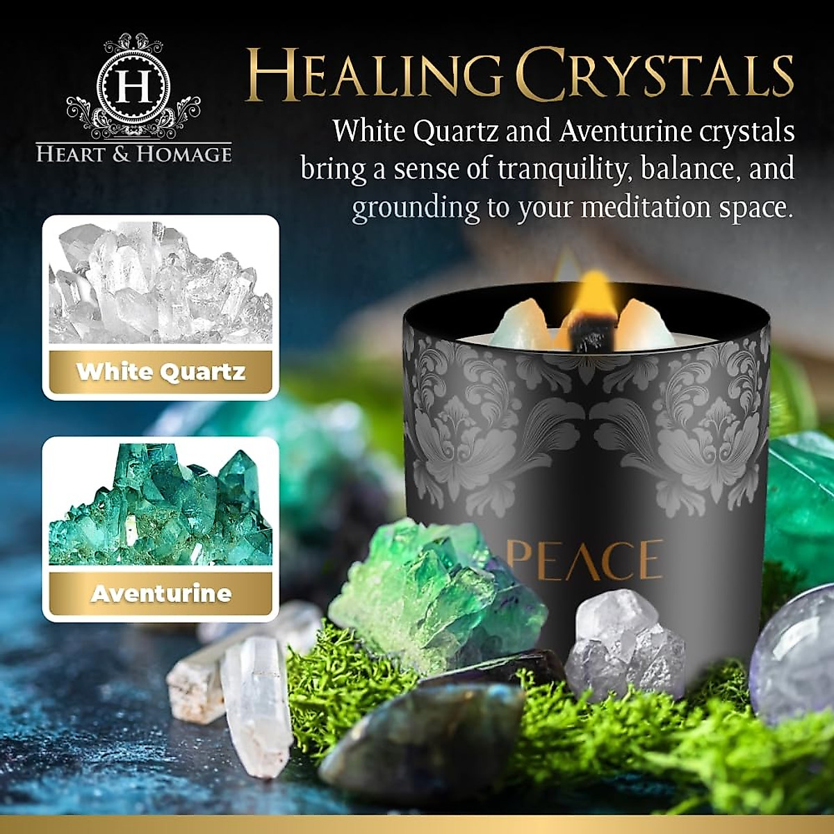 Heart & Homage Natural Scented Meditation Candle with Healing Crystals - Luxurious Wood Wick Candle - Crystal Candle with Premium Gift Packaging, 8.11 oz (English Pear & Freesia)