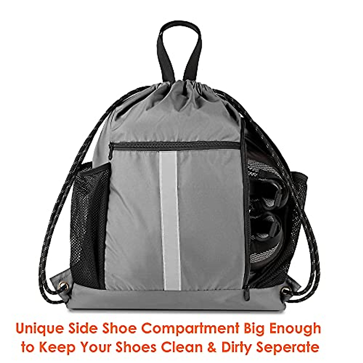 BeeGreen Grey Drawstring Bag Pack Gym Sackpack w Shoe Compartment Two Water Bottle Holder Portable String Sinch Sack for Gymnastic Athletic Beach Travel