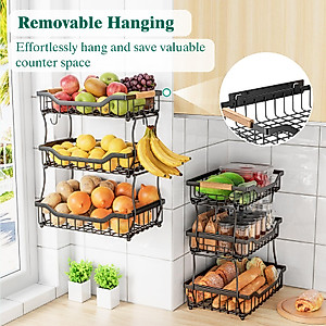 Giwil 3 Tier Countertop Fruit Basket for Kitchen, Vegetable Storage Basket Bread Fruit Bowl Stand with 2 Banana Hooks, Wall Mounted Metal Wire Basket Organizer for Potato Onion, Black
