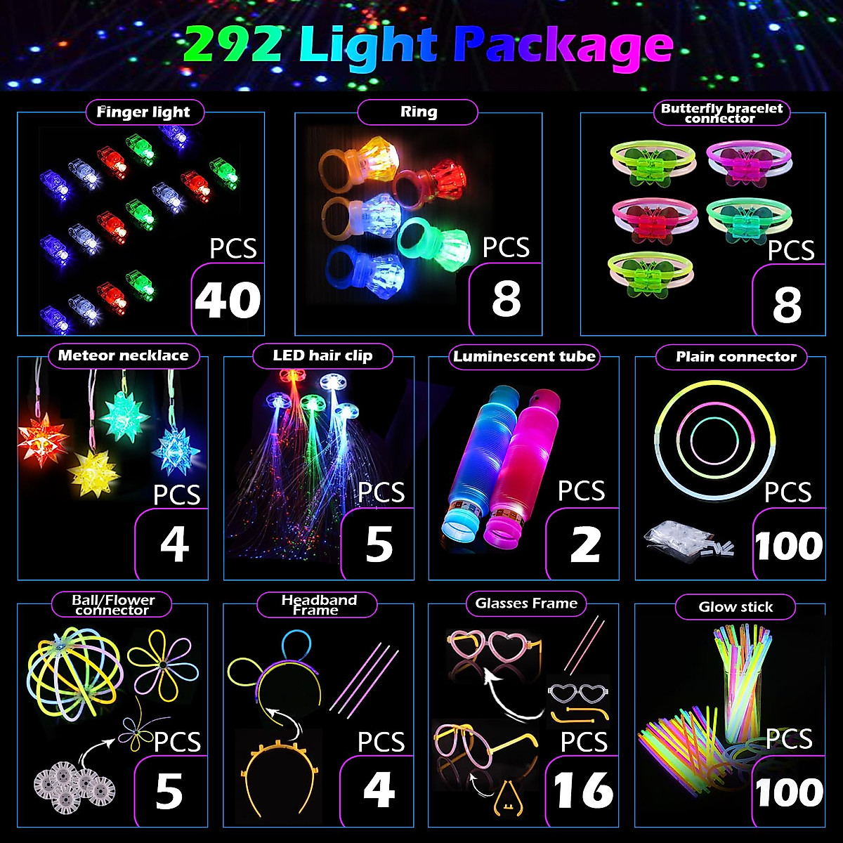 Tudona 292 PCS Glow in the Dark Party Supplies for Kids Adults,Neon Party Favors Glow Sticks Rings Glasses Headband Birthday Graduation Glow Party