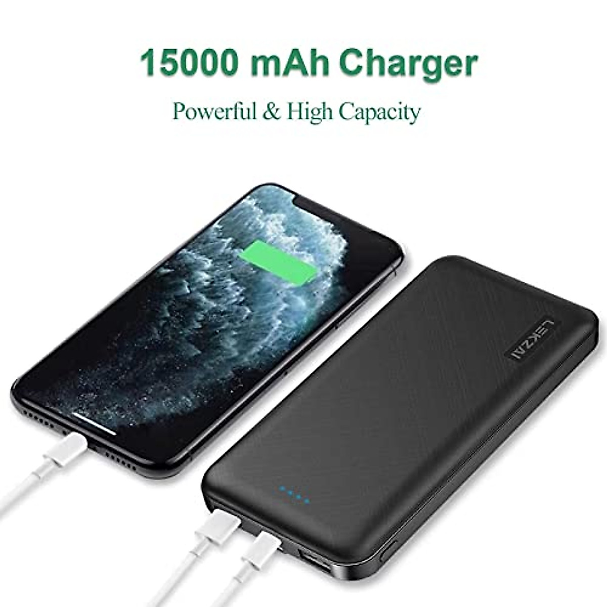 Lekzai 15,000mAh Portable Charger Power Bank with USB C Output, Slim Battery Pack with Three 5V/2.4A Output Fits for iPhone Samsung and More
