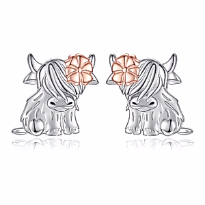 925 Sterling Silver Highland Cow Earrings Stud Necklace Hypoallergenic Animal Jewelry Gifts for Women Cow Lover (Earrings)