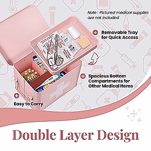 Flexzion First Aid Box Organizer, Empty 8.5 Inch Pink Vintage First Aid Kit Tin Metal Medical Box First Aid Storage Box Container Bins with Dividers, Removable Tray and Cross Logo