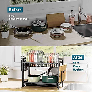 Kitchen Counter Dish Drainer Rack, with Utensil & Cutting Board Holder & Drip Tray, Multi-Function Large Capacity Dish Drain Rack,Black,2 Tier