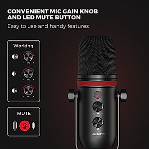 AUDIOPRO USB Microphone, Cardioid Condenser Gaming Mic for PC/Laptop/Phone/PS4/5, Headphone Output, Volume Control, USB Type-C Plug and Play, LED Mute Button, for Streaming, Podcast, Studio