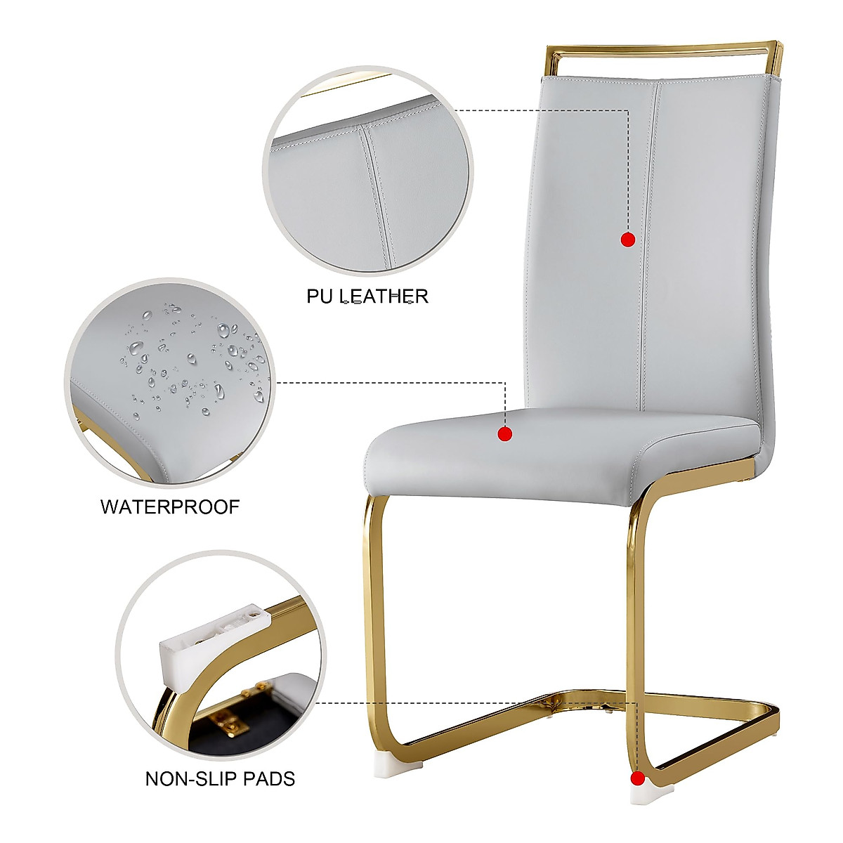 Baysitone Modern Dining Chairs Set of 4, Side Dining Room Chairs with Gold Frame, Kitchen Chairs with Faux Leather Padded Seat High Back, Chairs for Dining Room, Kitchen, Living Room Light Grey