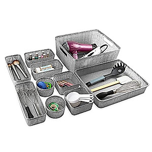 Isaac Jacobs 10-Piece Glitter Plastic Organizer (13.75” x 11.2” x 5.1”) Set w/Cut-Out Handles, Multi-Functional Home Storage, Desk, Office, Bathroom, Bedroom, Closet, Playroom (10-Piece, Silver)