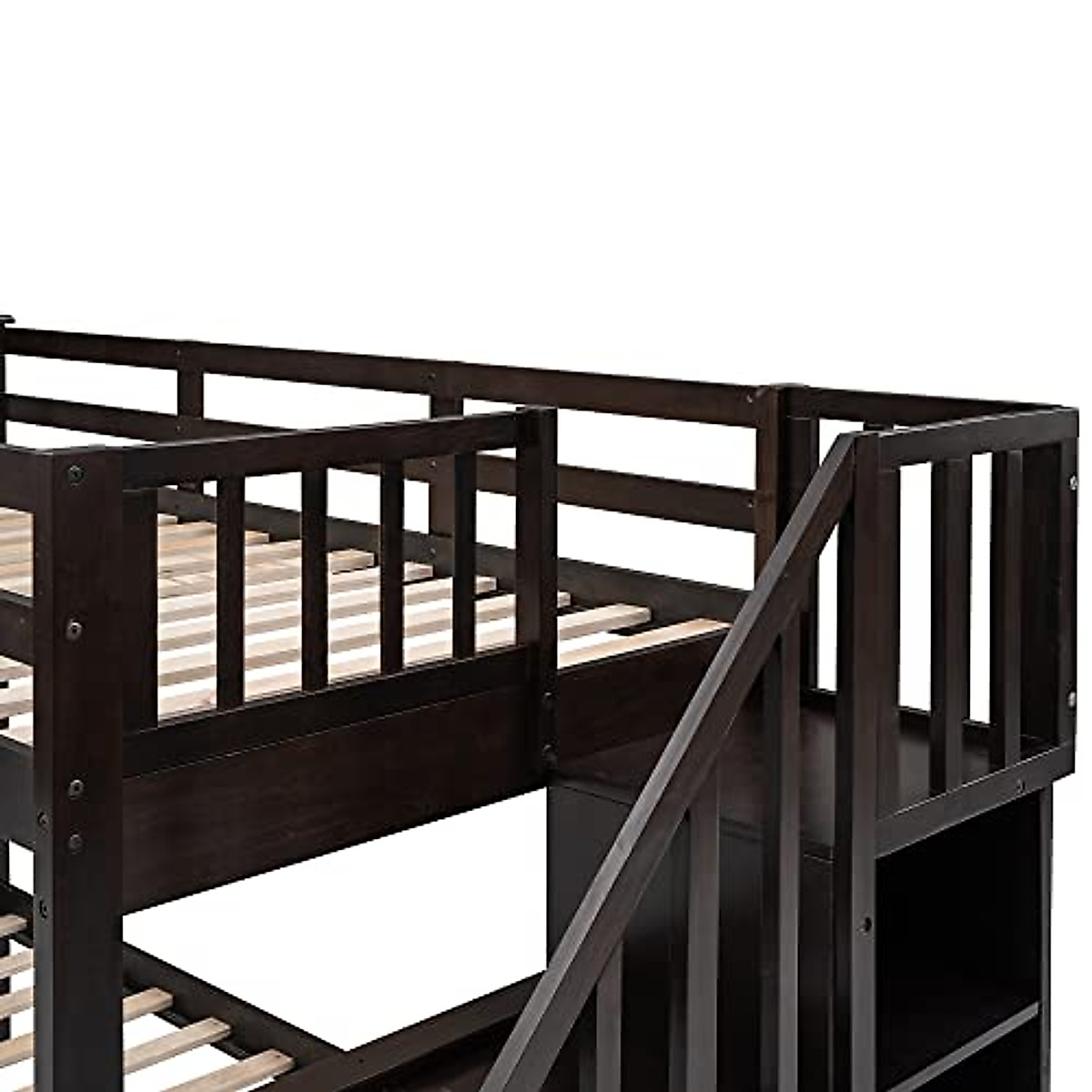 ERDAYE Stairway Twin-Over-Full Bunk Bed Frame with Storage Shelf and Guard Rail Can Be Converted into 2 Bedsteads for Bedroom Guest Room, Espresso