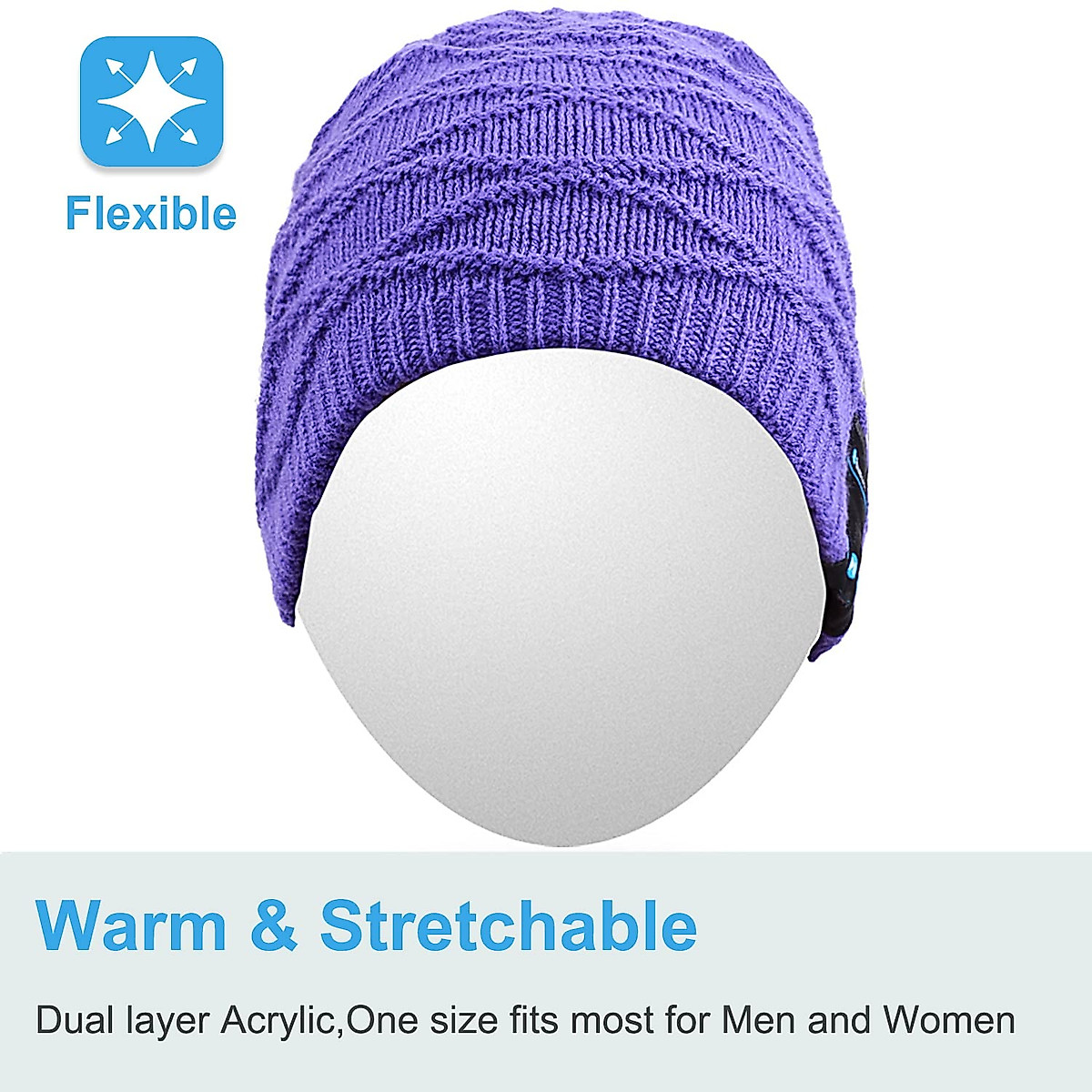 Rotibox Winter Washable Bluetooth Music Beanie Luxury Soft Warm Skully Knit Hat Cap w/Wireless Headphone Headset Earphone Microphone Hands Free for Excrise Gym Sports Fitness Running Skiing - Purple