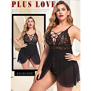 Avidlove Lingerie for Women Plus Size Lace Chemise One Piece Teddy Bodysuit Black