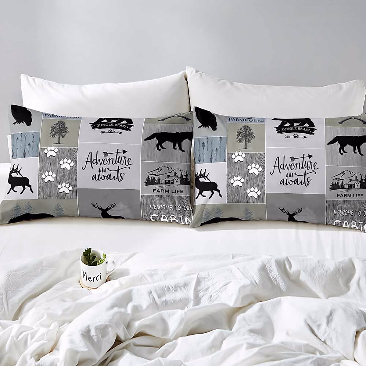 LUVIVIHOME 2PCS Cabin Rustic Bedding, Twin Duvet Cover, Black Bear Deer Elk Owl Forest Animal Wildlife Hunting Lodge Quilt Bedspread Patchwork Comforter Cover, Country Farmhouse Bedding, 1 Pillow Sham