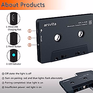 Arsvita Car Audio Bluetooth Wireless Cassette Receiver, Tape Player Bluetooth 5.0 Cassette Aux Adapter, Black