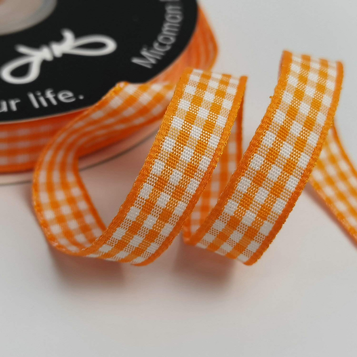 Micomon Orange Gingham Plaid Checked Ribbon 25 Yard Each Roll 100% Polyester (3/8", Orange)