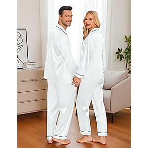SWOMOG Couple Matching Pajamas Set Silk Satin Button Down Sleepwear Long Sleeve Nightwear 2 Pcs Pj Set Women White Large