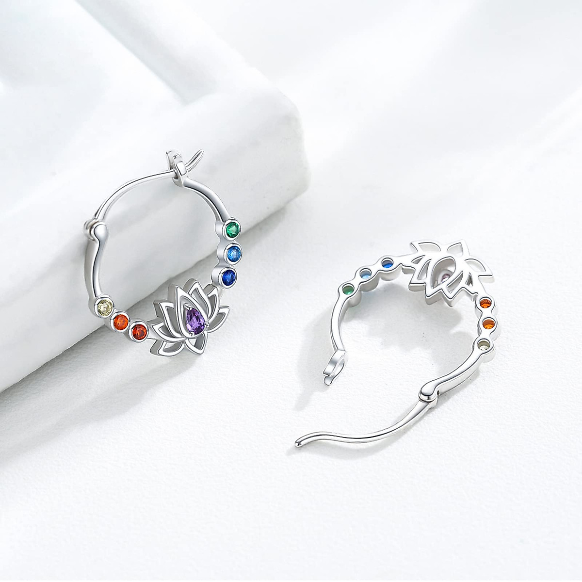 Rainbow Chakra Earrings Sterling Silver Lotus Flower Earrings Rainbow Hoop Earrings Colorful Earrings Chakra Jewlery for Women Christmas Jewelry Gifts