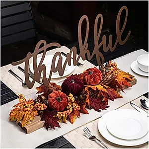 Glitzhome Autumn Harvest Table Centerpiece - Metal Thankful Sign with 24" L Artificial Floral Maple Leaves Pumpkins Pinecones and Berries Arrangement for Harvest Party Thanksgiving Fall Ornaments