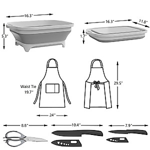 Camping Accessories Kit, Collapsible Cutting Board,Chef Fruit Knife Set,Shears with Magnet Holder,2 Pack Aprons Black and White with 2 Pockets,Kitchen Utensil Gadgets,Wash Basin Sink,Colander Strainer