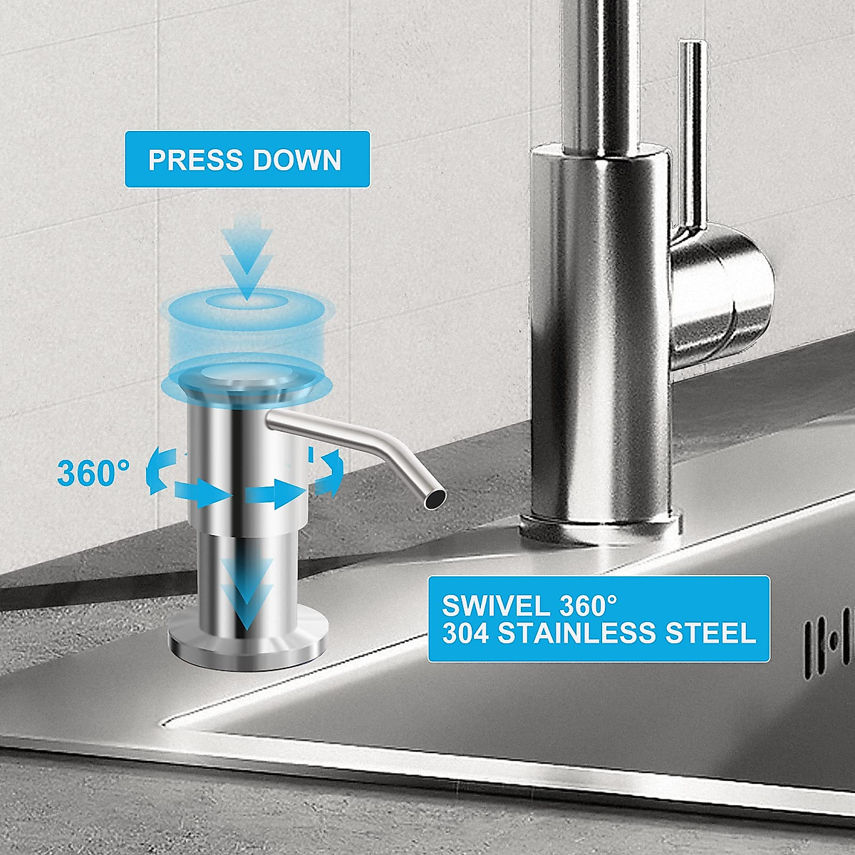 Soap Dispenser for Kitchen Sink with 304 Stainless Steel Pump Head, fit 1’’-3'' Thick Countertop, Built in Soap Pump with Continuous Extension Tube & Large Capacity Bottle in Brushed Nickel