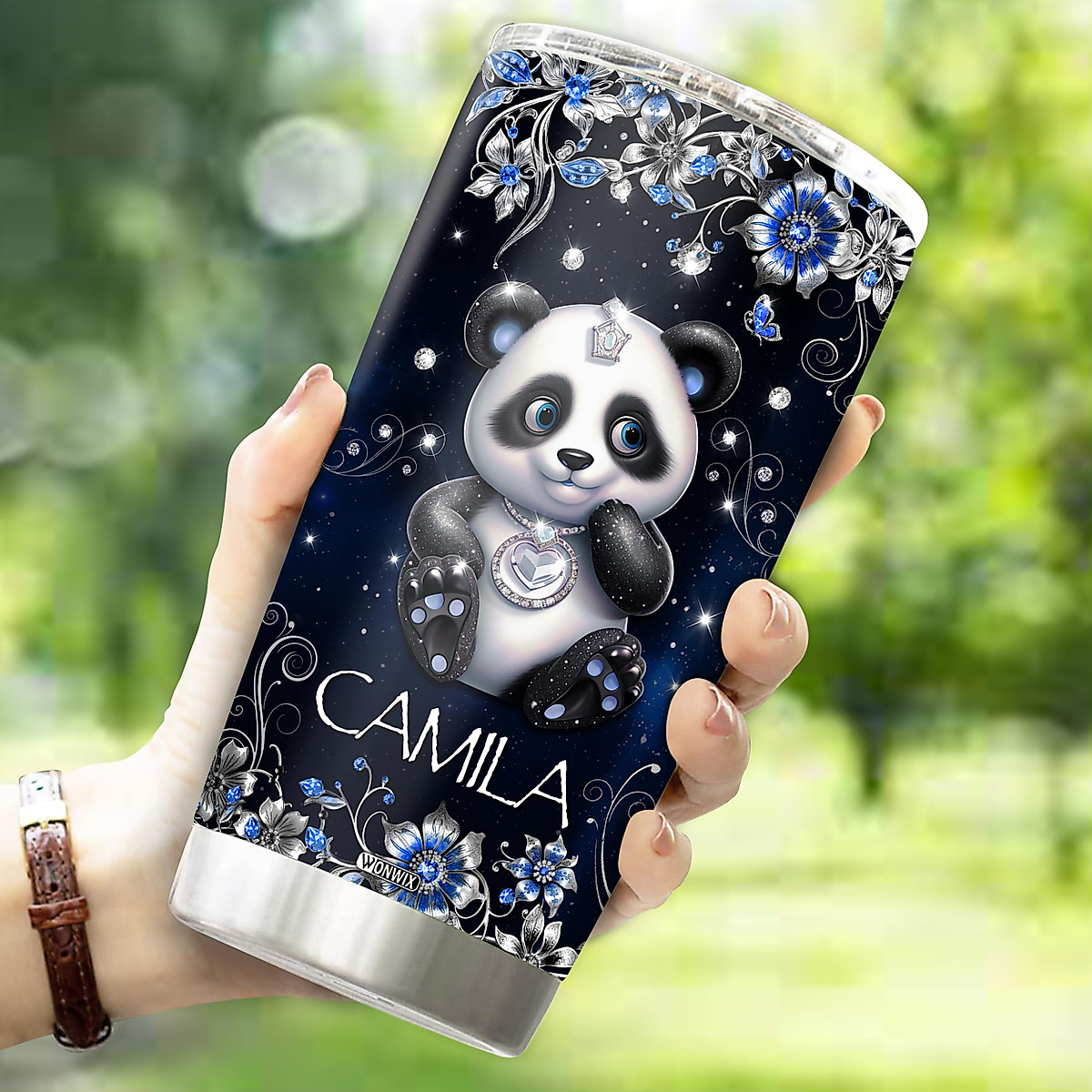 WONWIX Personalized Panda Tumbler Gifts For Women Girls Daughter Coffee Mug Drinking Travel Cup Thermos Water Bottle Birthday Christmas Valentine Mothers Day 20oz Stainless Steel Tumblers With Lid