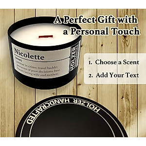 Holzer Custom Candles, Personalized Gifts, Wood Wick Scented/Unscented Custom Candle | Coconut Soy Wax | Handmade in CT USA by Holzer Handcrafted | 6oz in Black Tin Customized Label