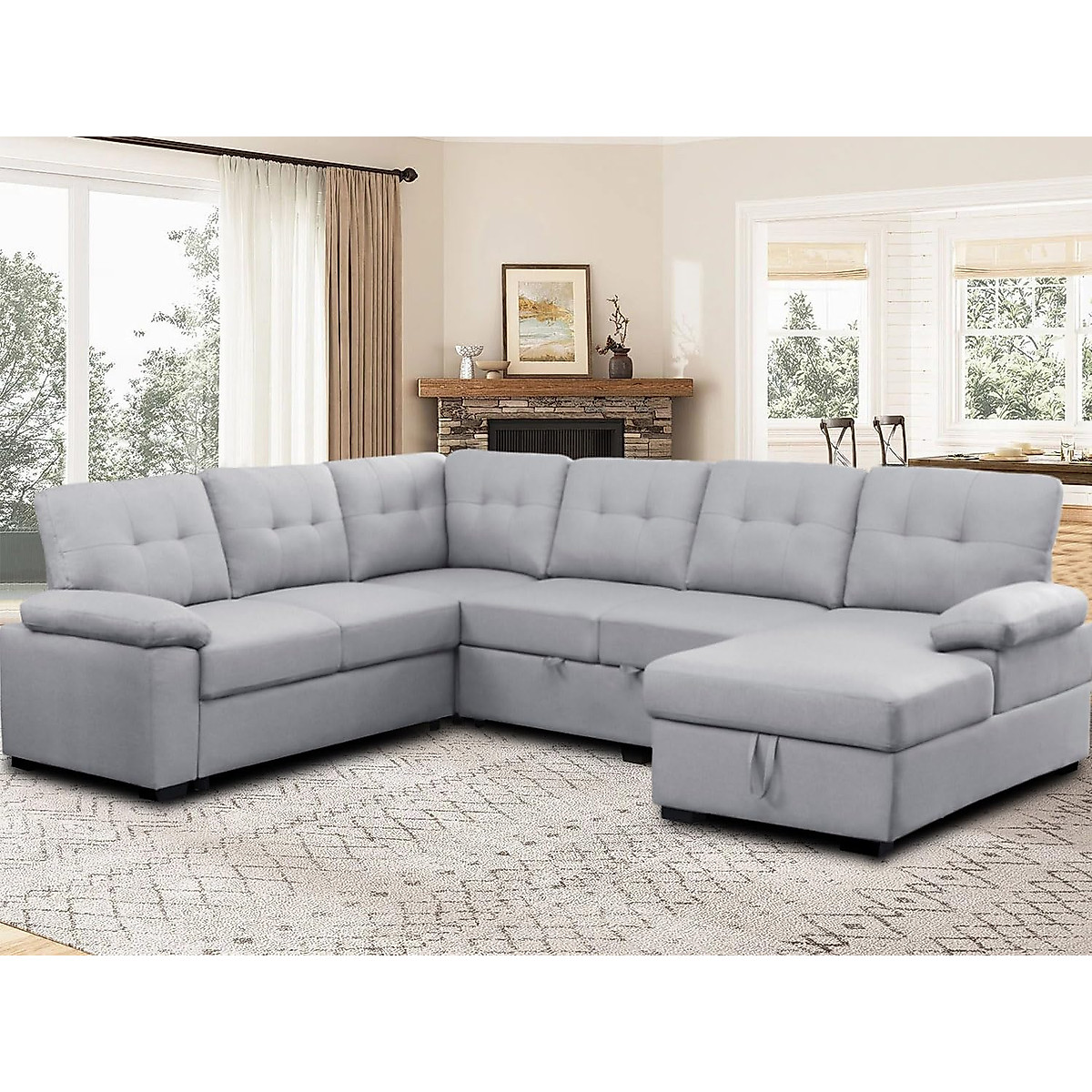Sleeper Sofa Pull Out Couch with Storage, Modular Sectional Sofa Bed with Chaise Lounge, Modern Comfy 6 Seater U Shape Couch Bed for Living Room, Apartment, Home Office(Grey)