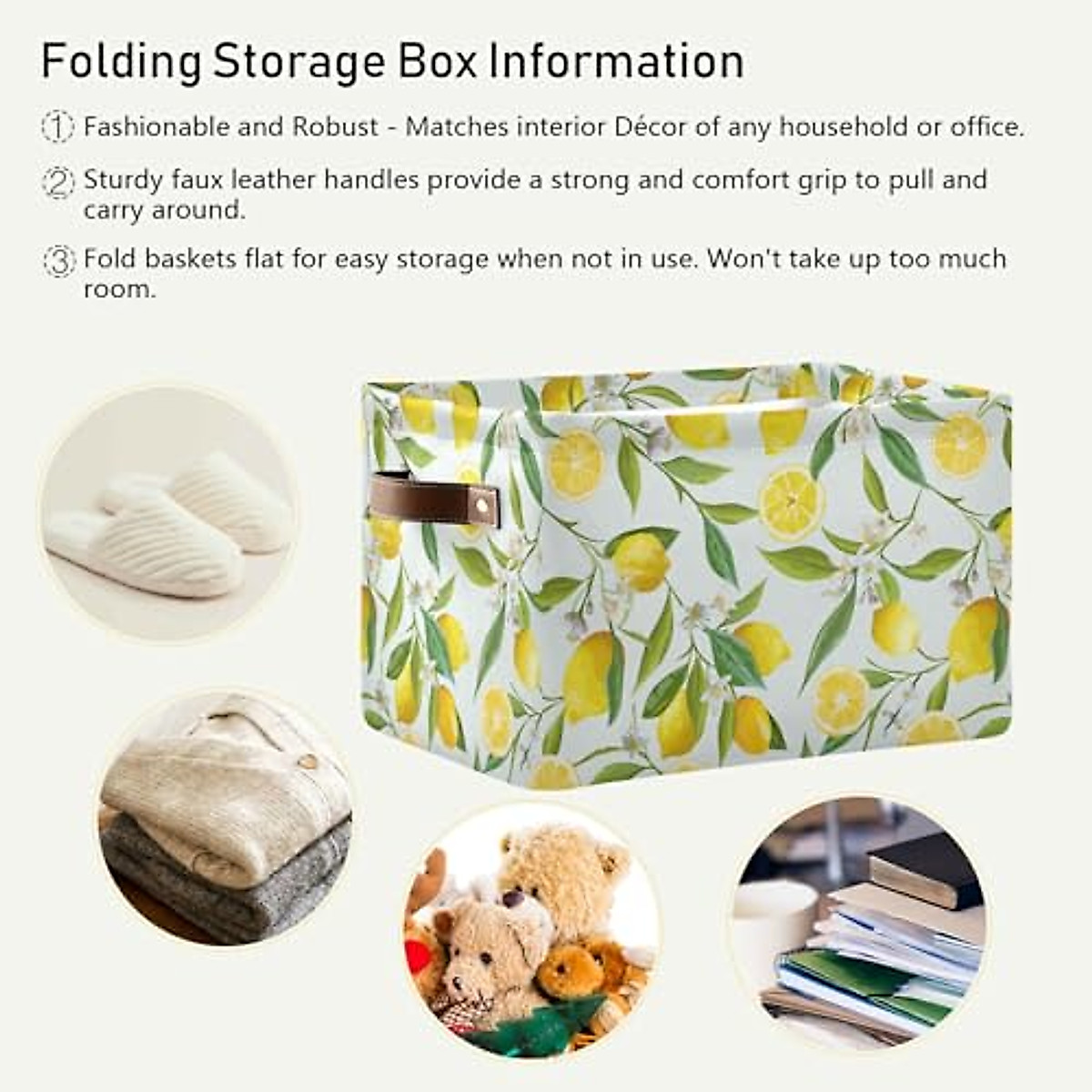 MNSRUU Storage Basket Lemon Floral Collapsible Organizer Basket with PU Handles, Waterproof Nursery Laundry Basket Kids' Toy Storage Basket,2 Pack