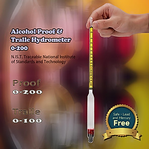 Alcohol Hydrometer Meter Test Kit 0-200 Proof & Tralle,with Glass Test Jar,Accurate Tester & Glass Cylinder for Proofing Distilled Spirits & Moonshine Alcoholmeter Testing Set,HDRELEODY